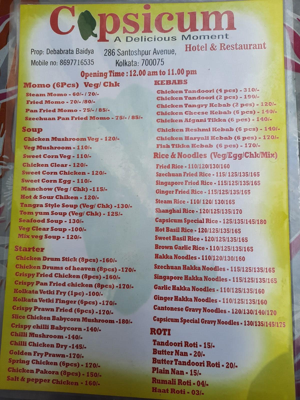 Menu at Capsicum, Kolkata, 185/9A