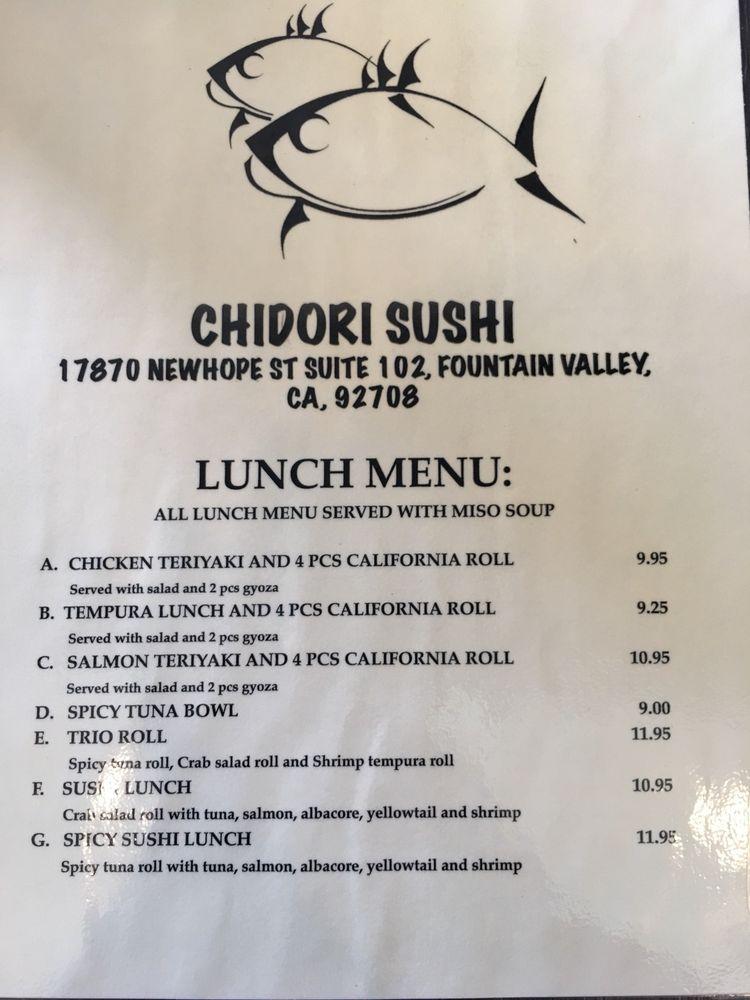 Menu at Chidori Sushi restaurant, Fountain Valley