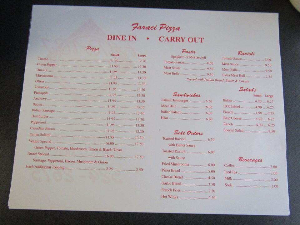 Menu at Faraci Pizza pizzeria, Ferguson