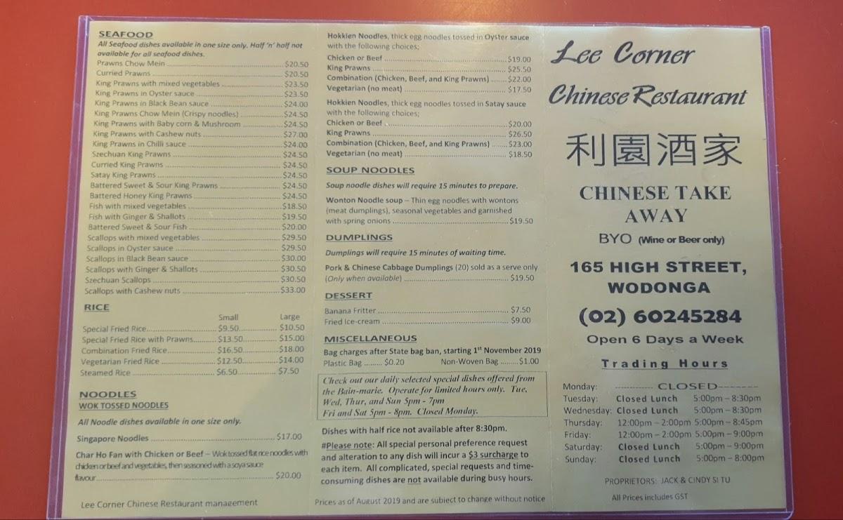 Menu at Lee Corner Chinese Restaurant, Wodonga