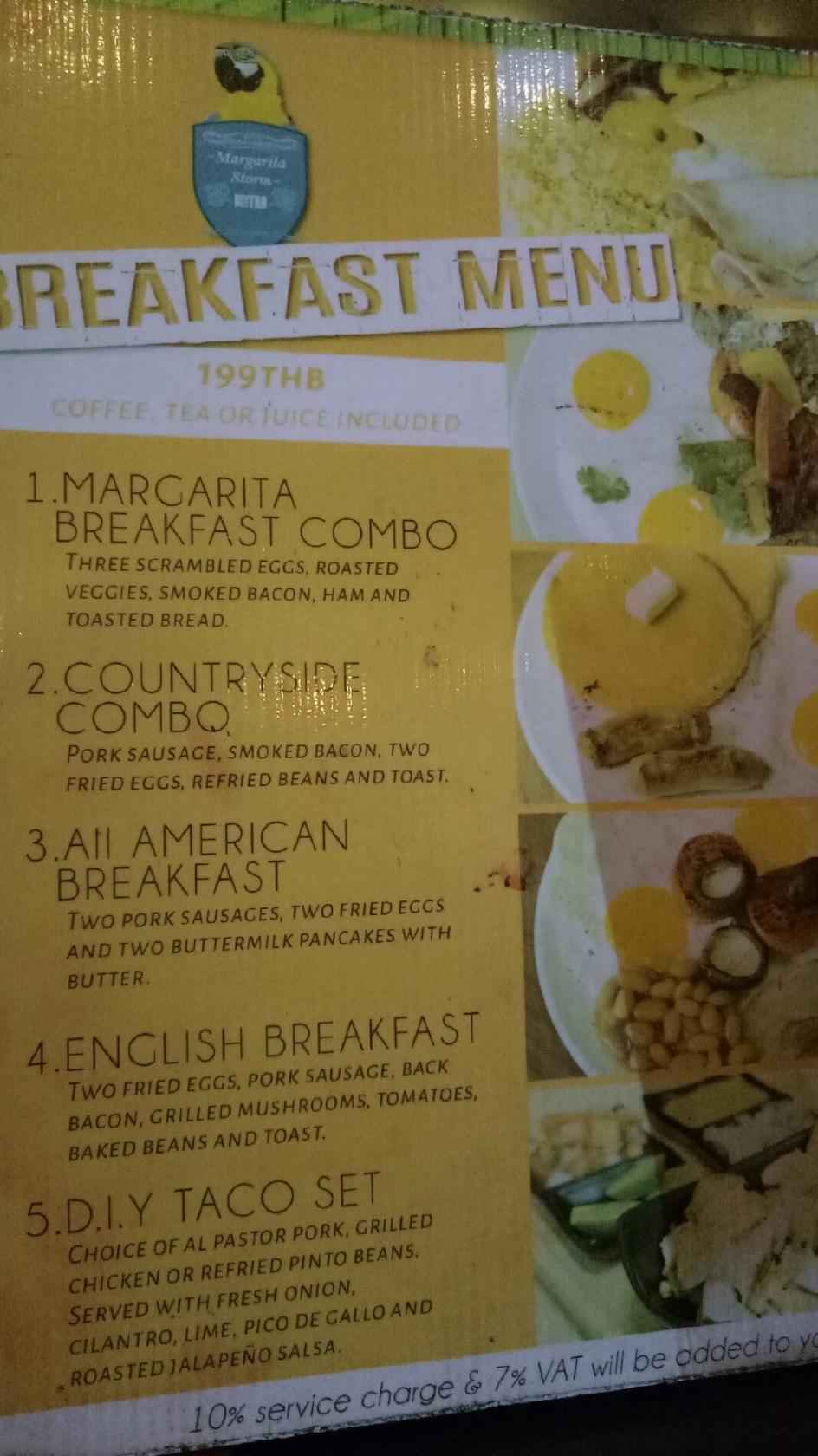 Menu at Margarita Storm restaurant, Bangkok