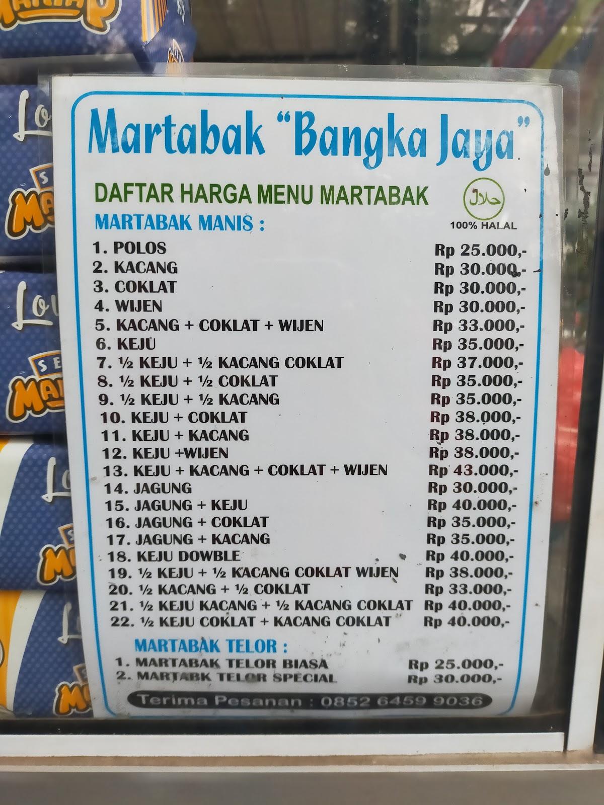 Menu at Martabak Bangka Jaya restaurant, Batam, Ruko Bukit Beruntung