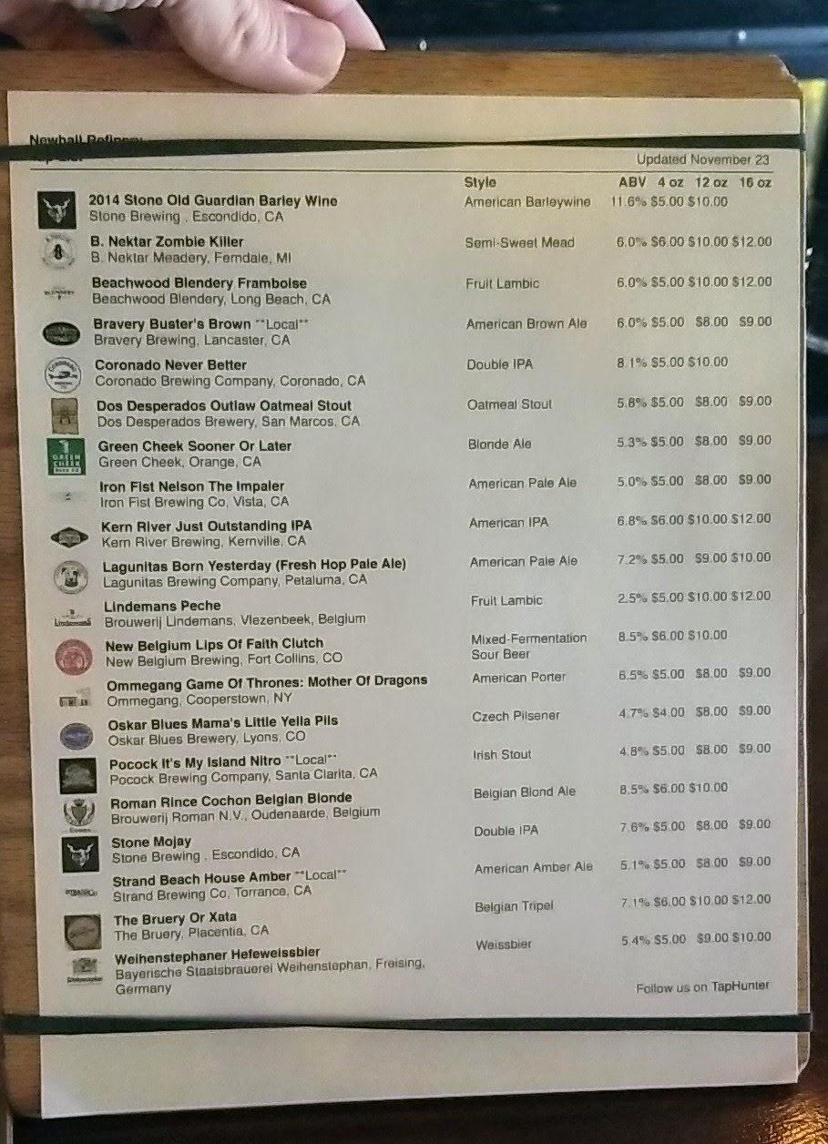 Menu at Newhall Refinery restaurant, Santa Clarita