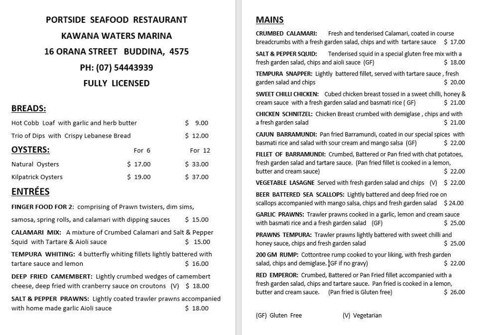 Menu at Portside Seafood Restaurant, Buddina