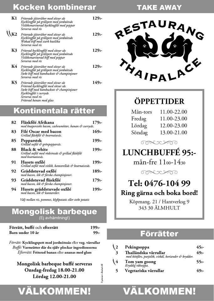 Menu at Thai Palace restaurant, Älmhult
