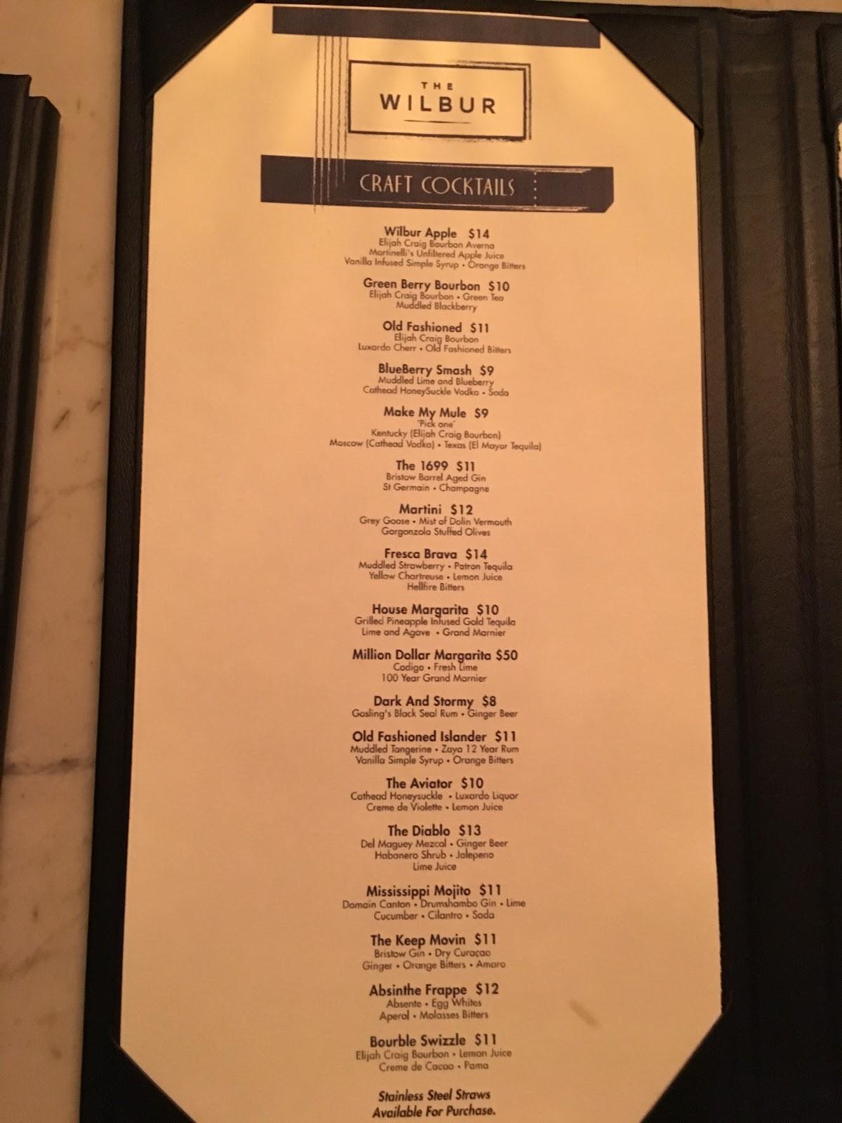 Menu at The Wilbur Bar, Ocean Springs