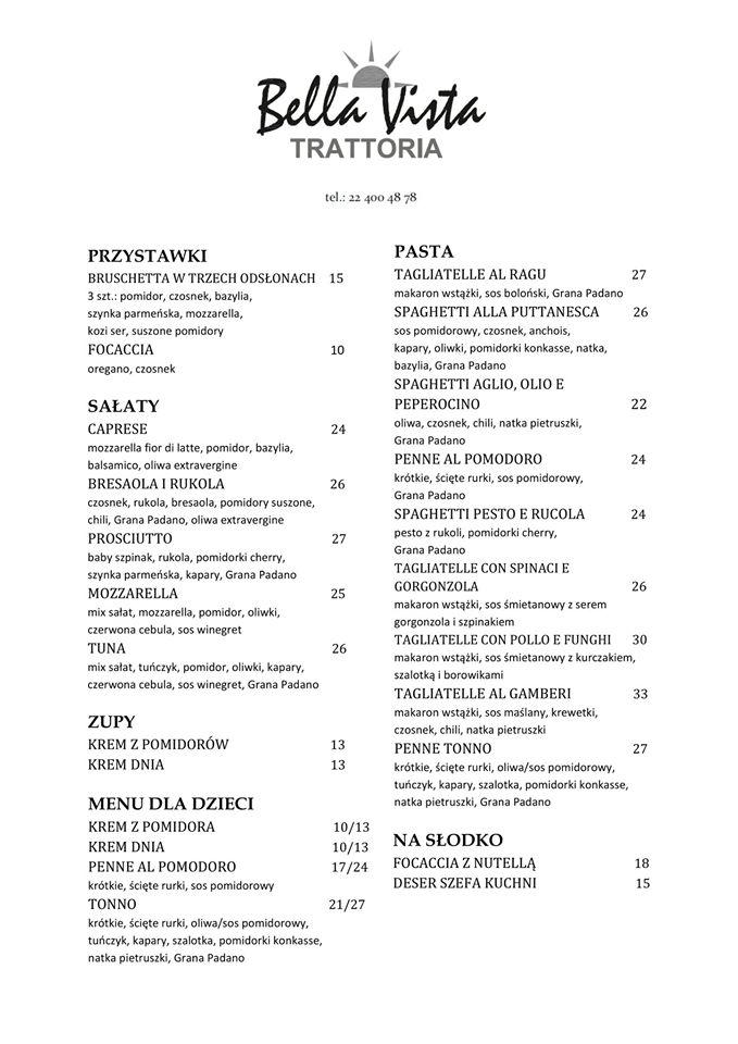 Menu at Trattoria Bella Vista restaurant, Warsaw