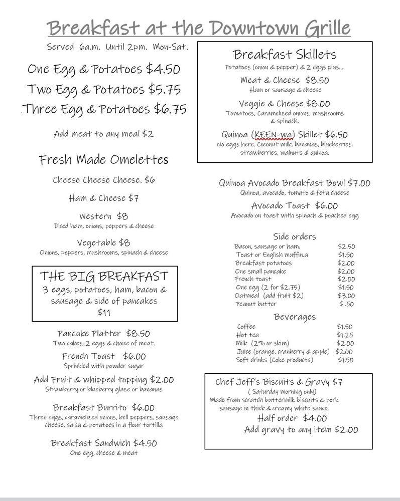Menu at Downtown Grille restaurant, Orange City