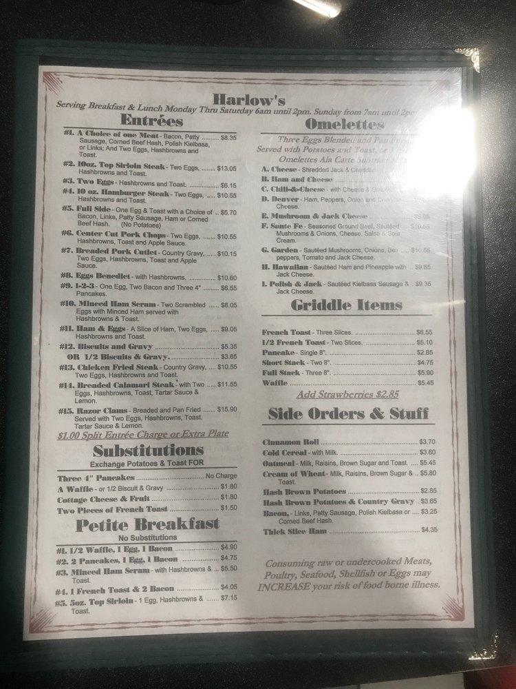 Menu at Harlow's Diner restaurant, Rathdrum