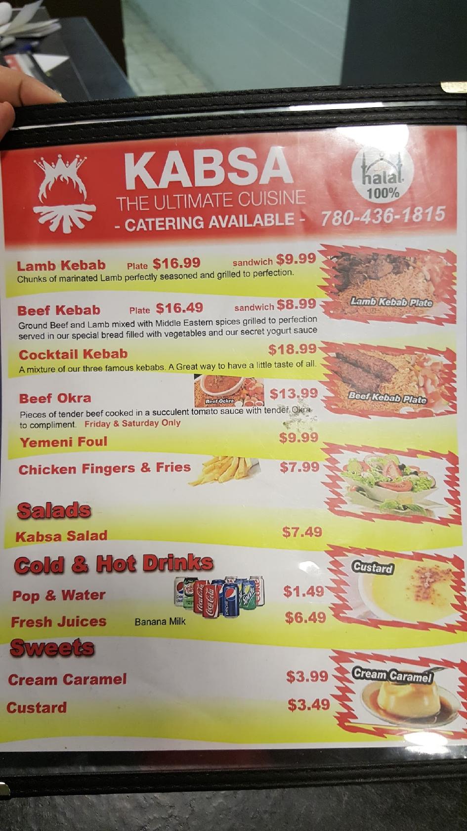 Menu at Kabsa restaurant, Edmonton, 153 Ave NW