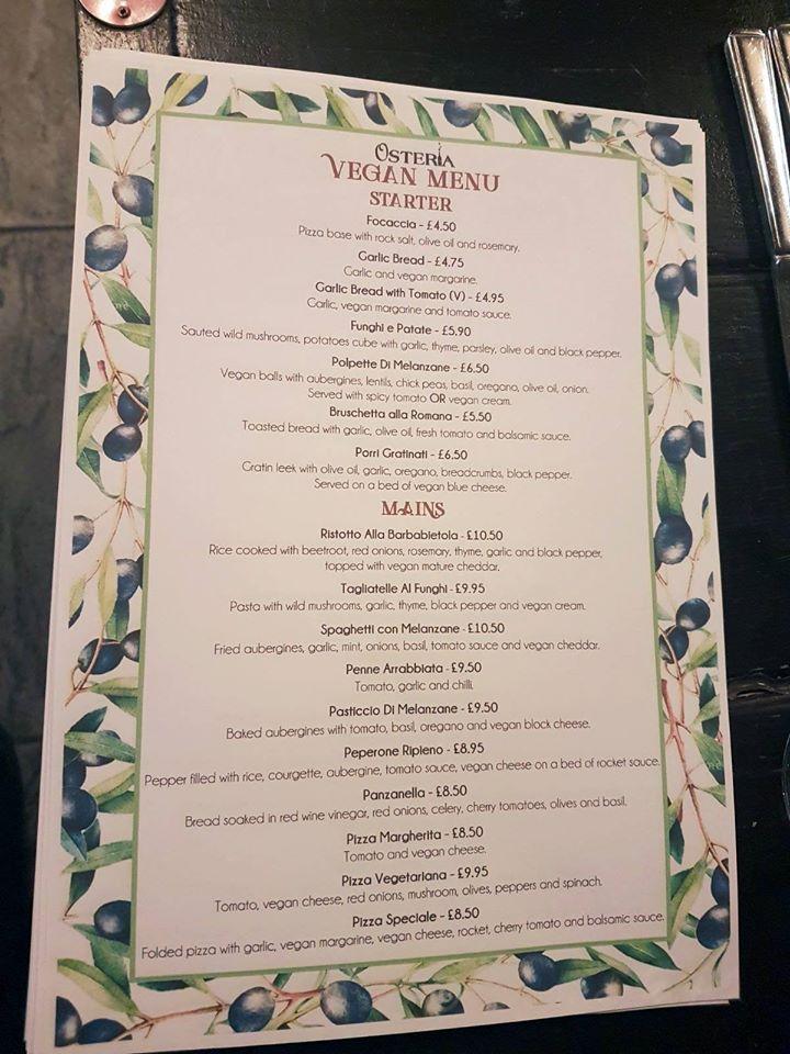 Menu at Osteria Italian Restaurant, Hull