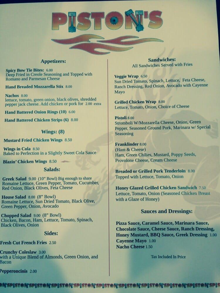 Menu at Pistons pub & bar, Evansville, W Franklin St