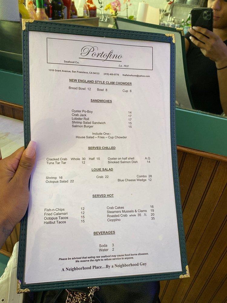 Menu at Portofino restaurant, San Francisco