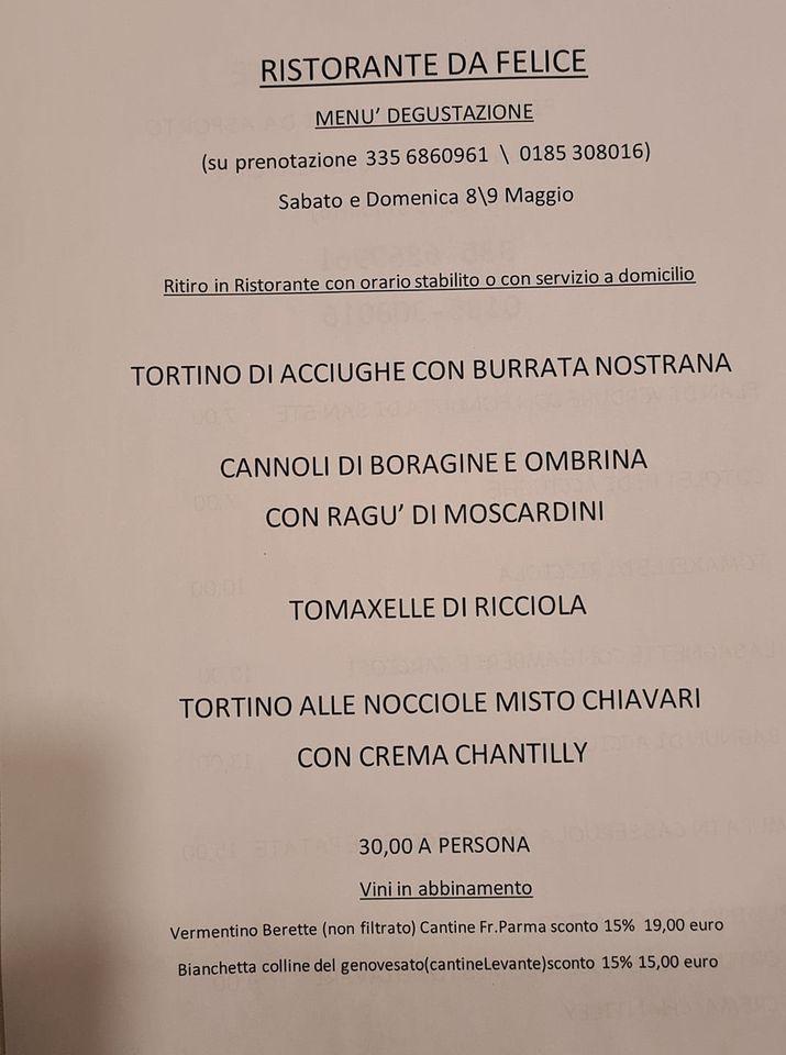 Menu at Da Felice restaurant, Chiavari