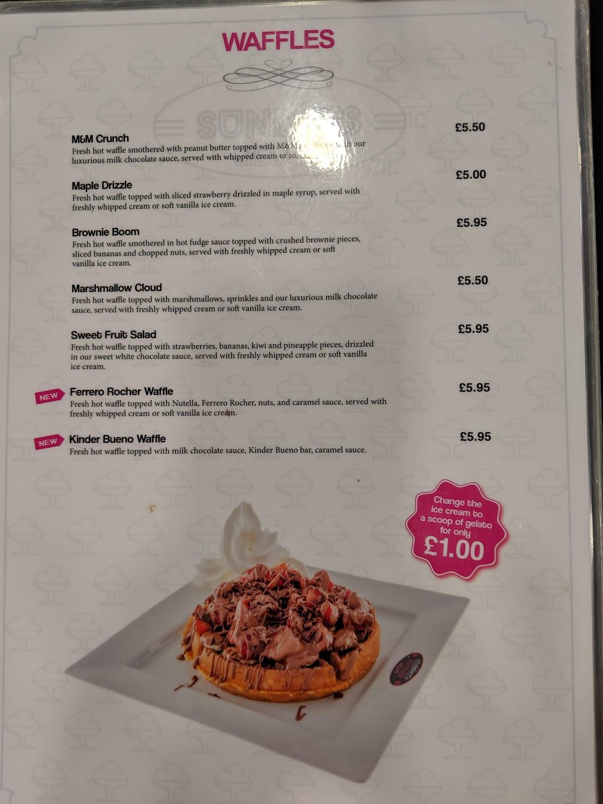 Menu at Sundaes Gelato cafe, Norwich