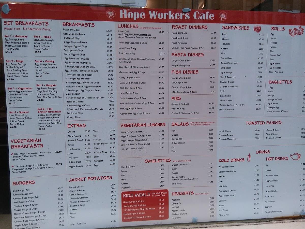 Menu at The Hope cafe, London, 111 Holloway Rd