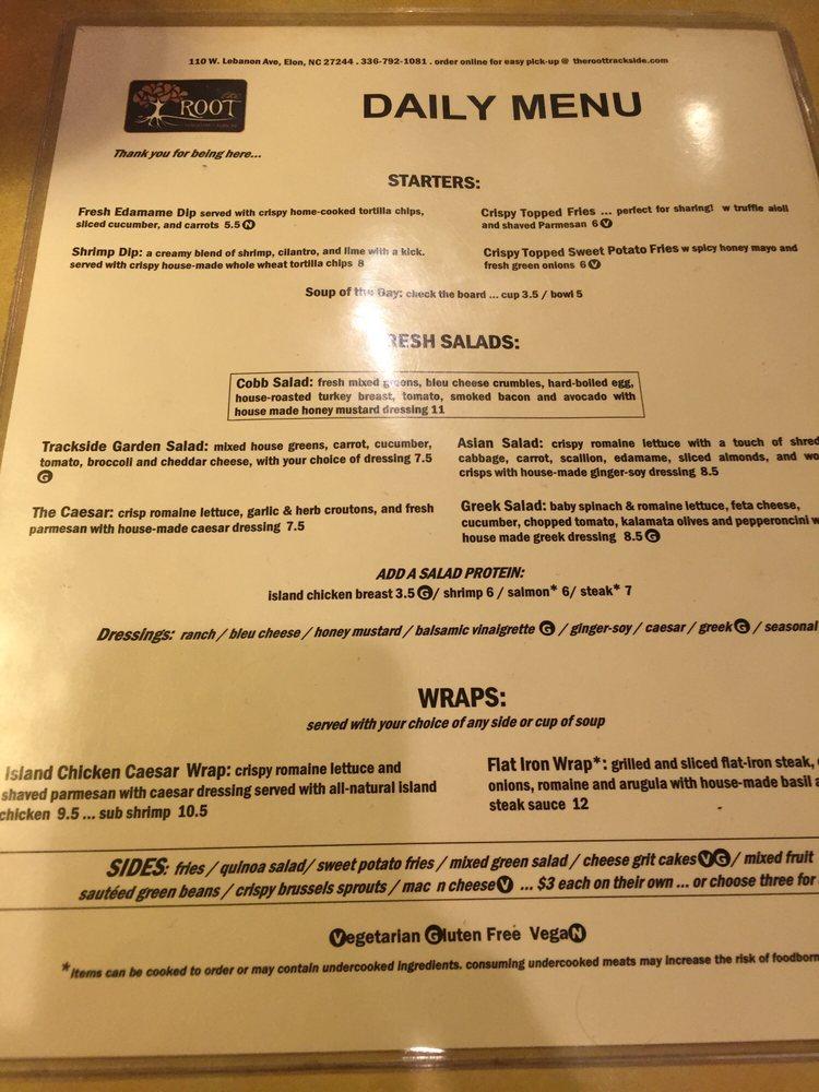 Menu at The Root restaurant, Elon