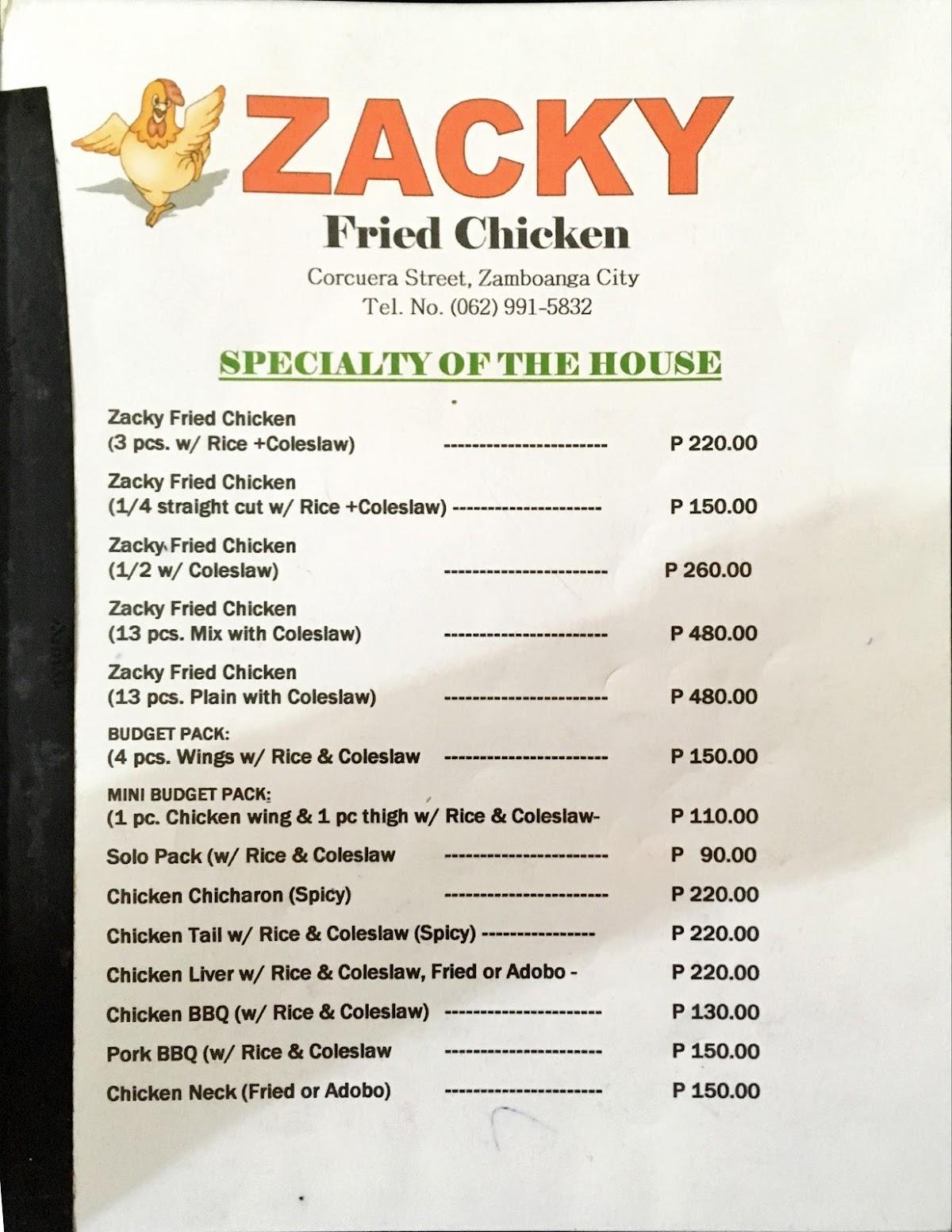 Menu at Zacky Fried Chicken restaurant, Zamboanga