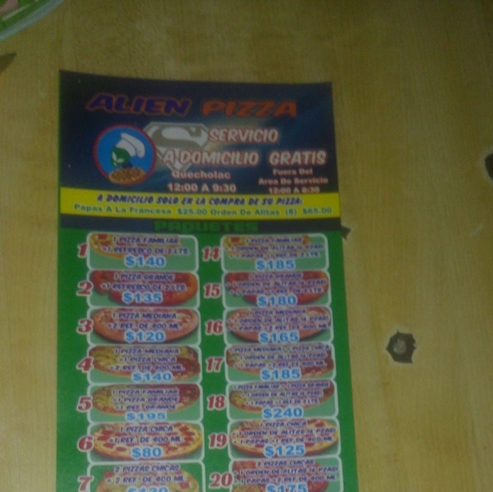Menu at Alien Pizza restaurant, Quecholac