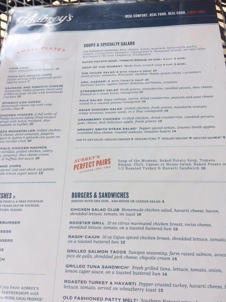 Menu at Aubrey's restaurant, Knoxville