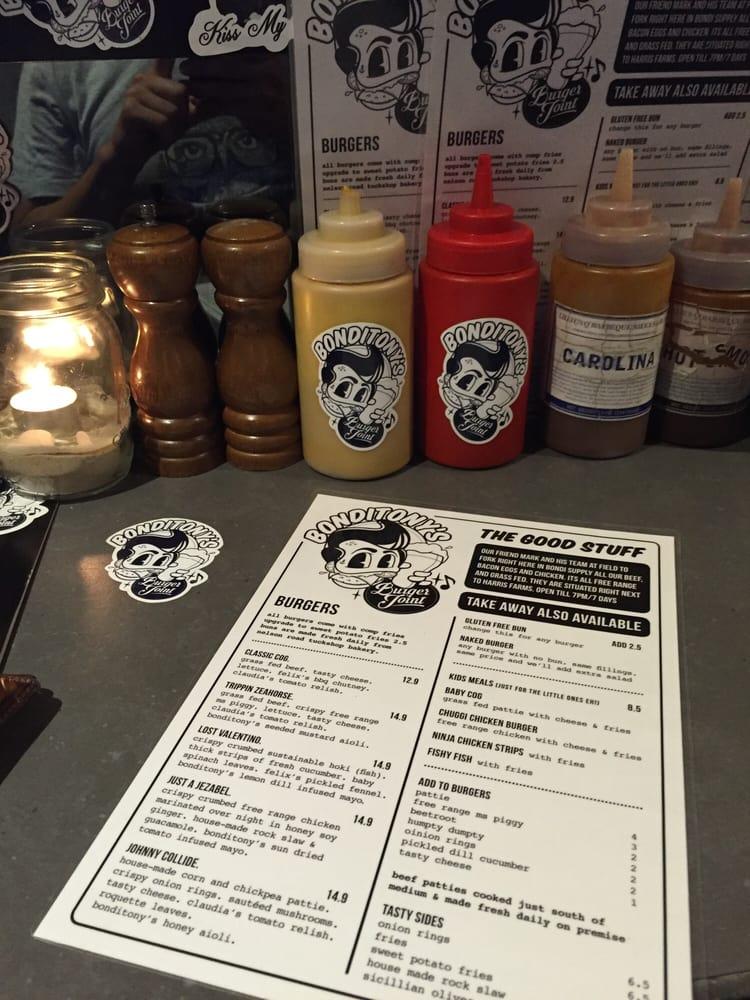 Menu at Bonditony's Burger Joint restaurant, Bondi Beach