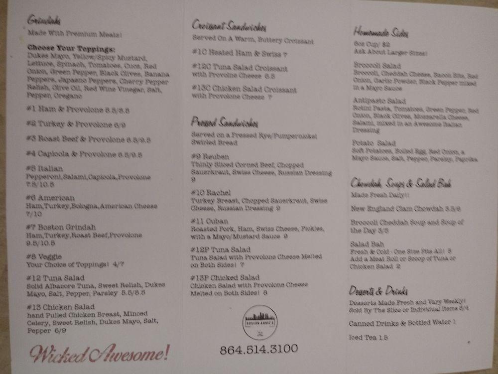 Menu at Boston Annie's - Subs, Salads, Sweets restaurant, Gaffney