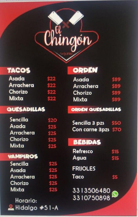 Menu at El Chingón restaurant, Tlaquepaque