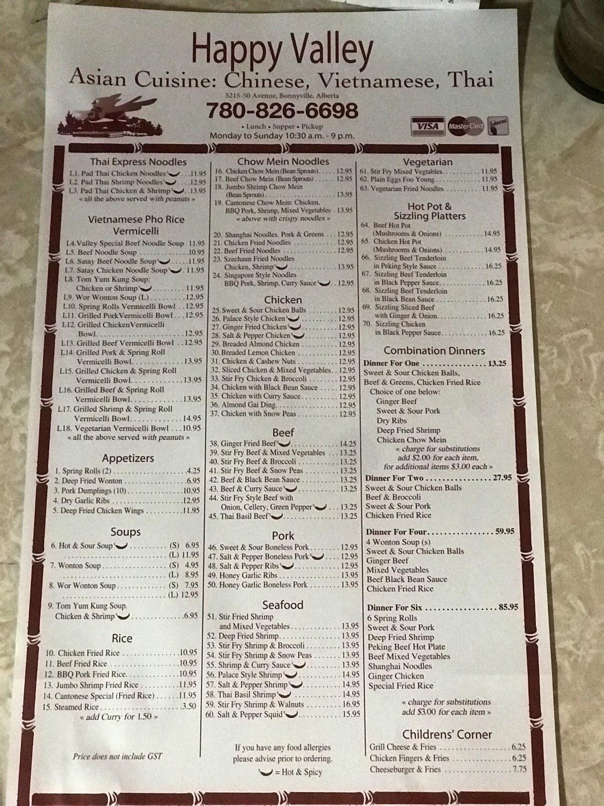 Menu at Happy Valley Restaurant, Bonnyville, 50 Ave