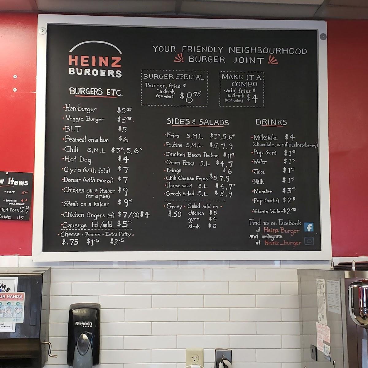 Menu at Heinz Burger Co. restaurant, Barrie