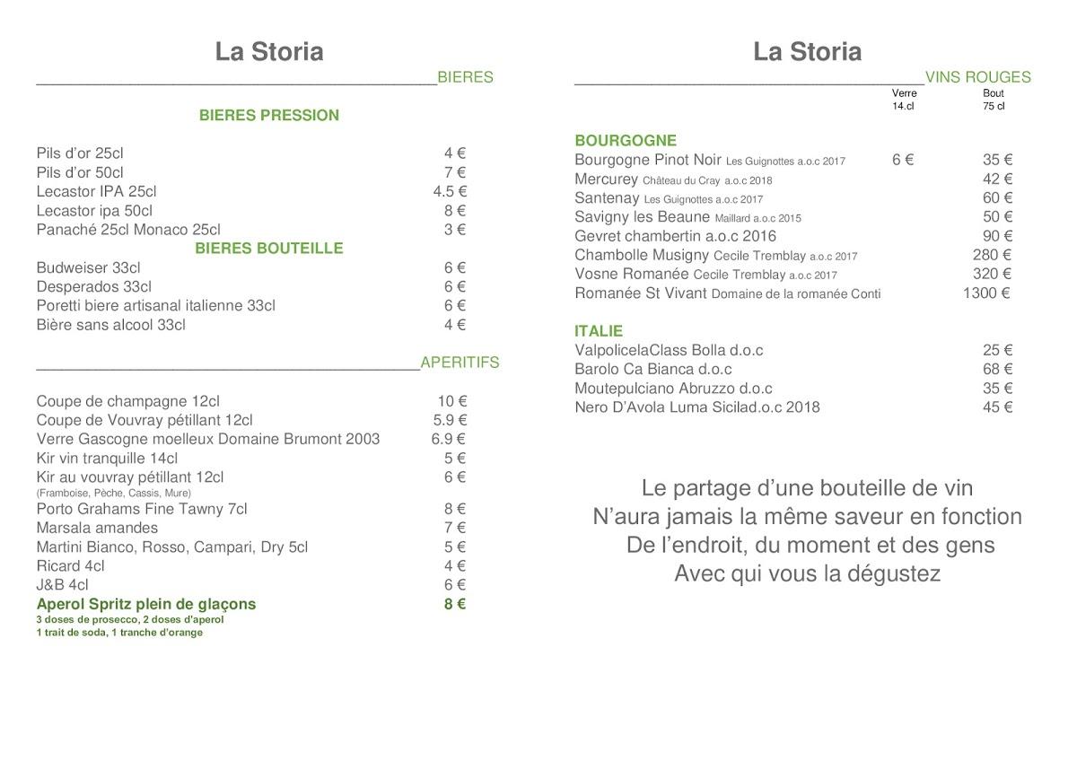 Menu at la storia restaurant, Tours