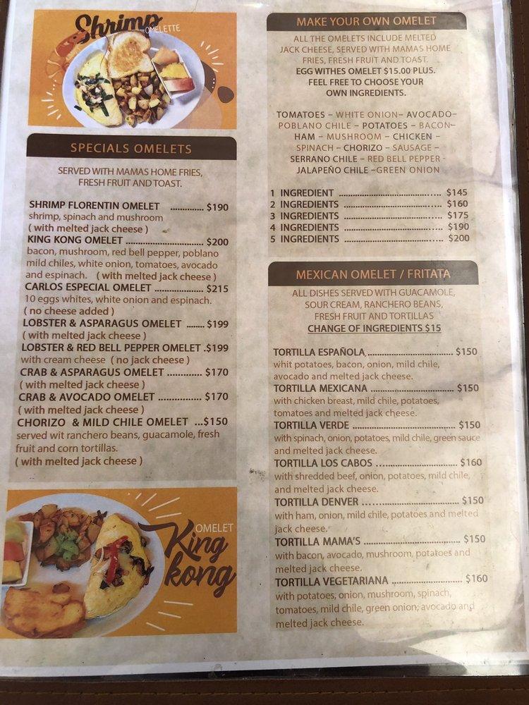 Menu at Mama’s Royal Cafe, Cabo San Lucas