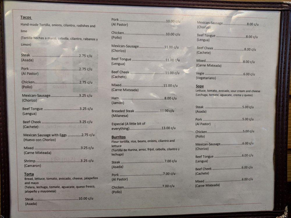 Menu at Taqueria Flavio restaurant, Fredericksburg, Patriot Hwy