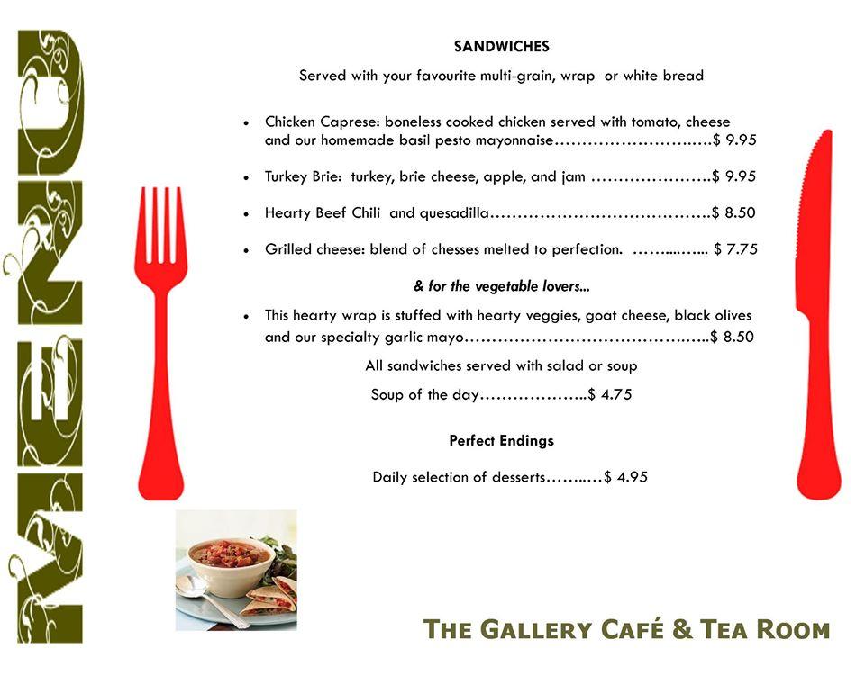 Menu at The Gallery Cafe & Tea Room, Wellesley