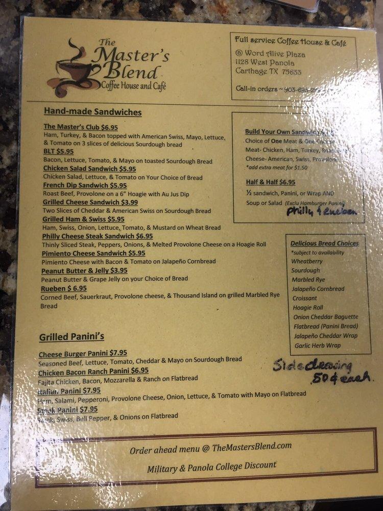 Menu at The Master's Blend cafe, Carthage