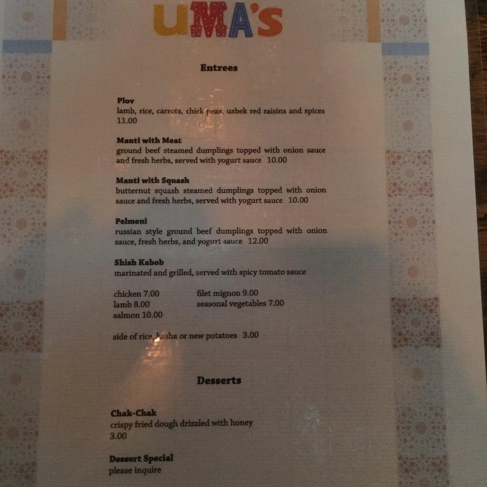 Menu at Uma's restaurant, New York City, 92-07 Rockaway Beach Blvd