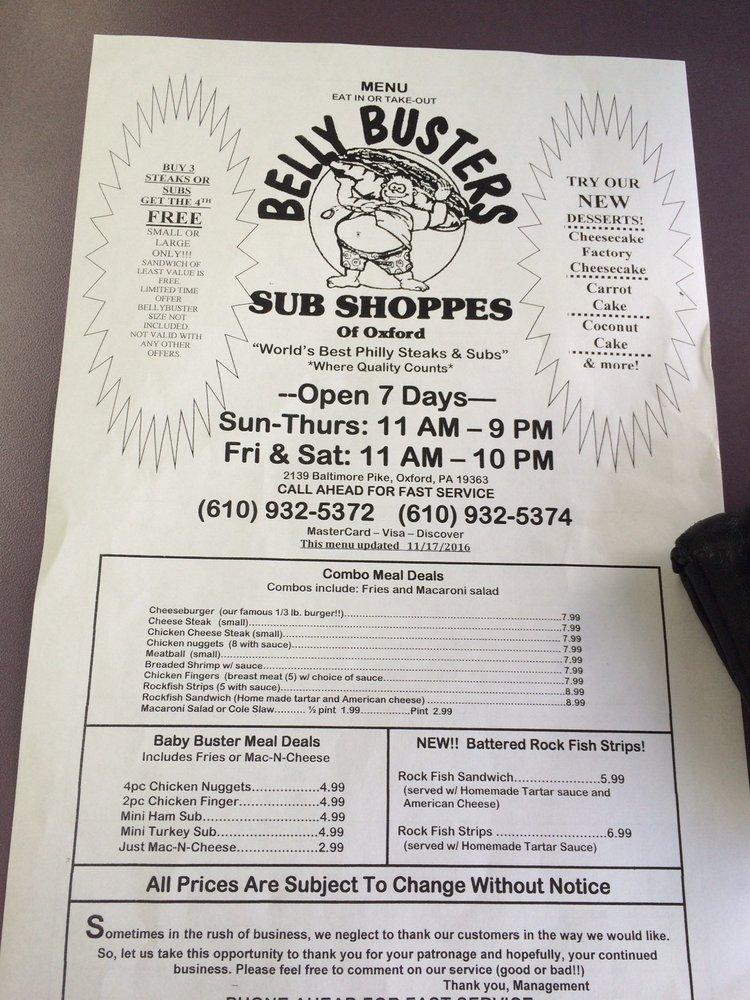 Menu at Bellybusters Sub Shoppes restaurant, Oxford