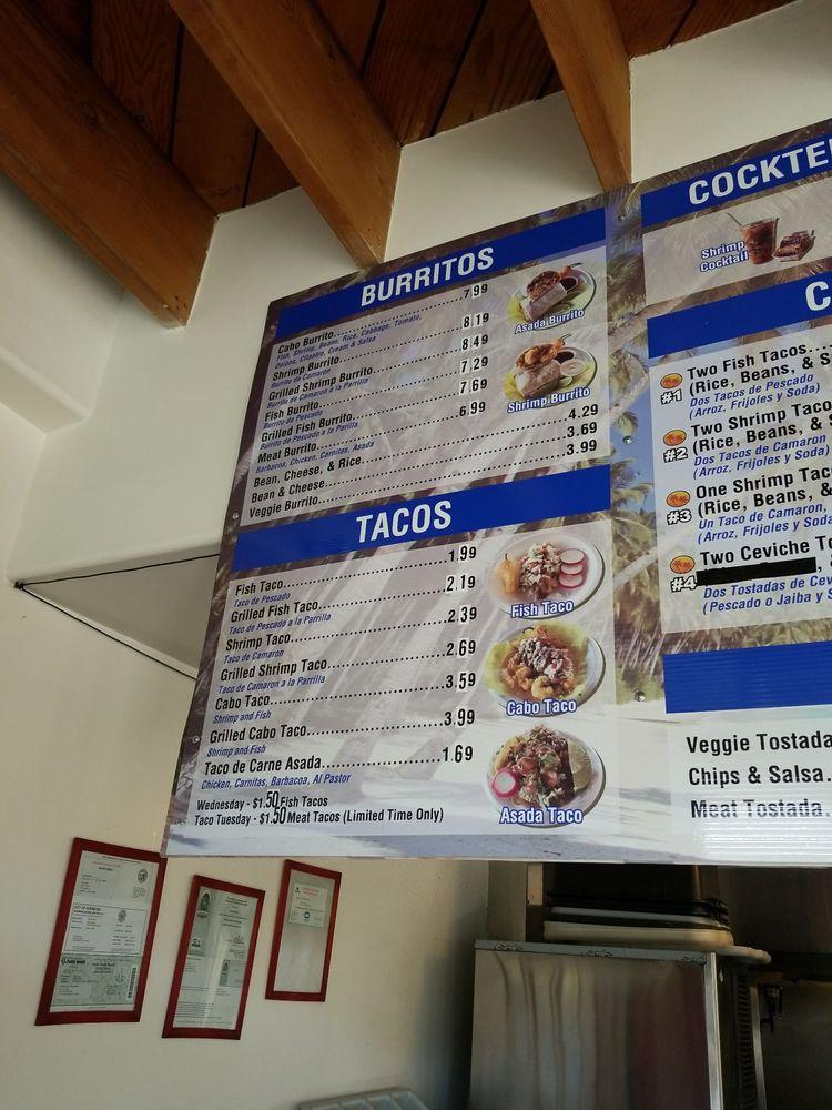 Menu at Cabo Tacos restaurant, Glendora