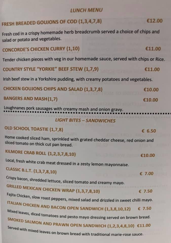 Menu at Cafe Concorde, Ireland