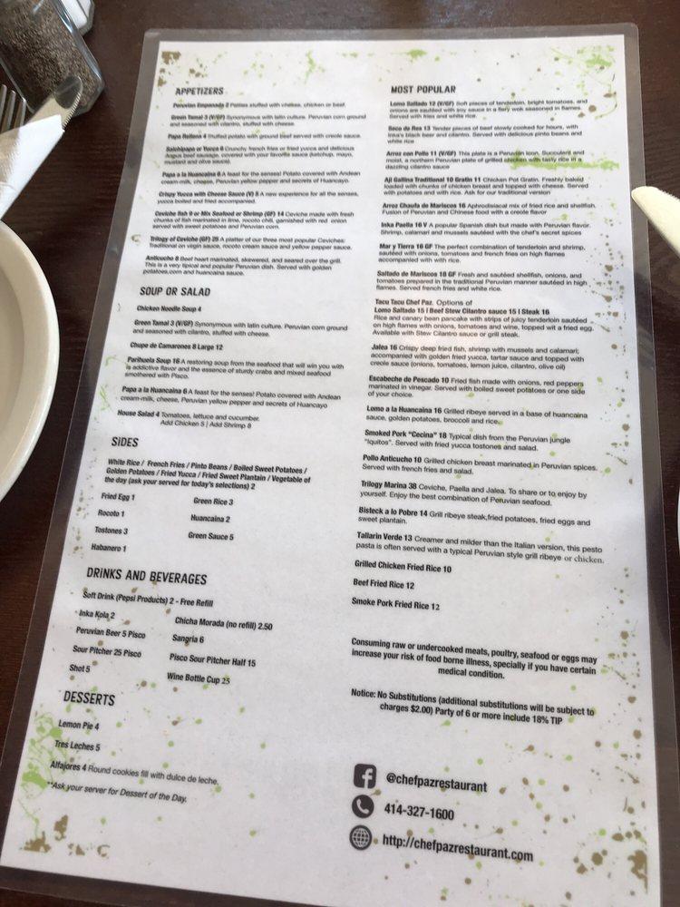 Menu at Chef Paz Restaurant, West Allis
