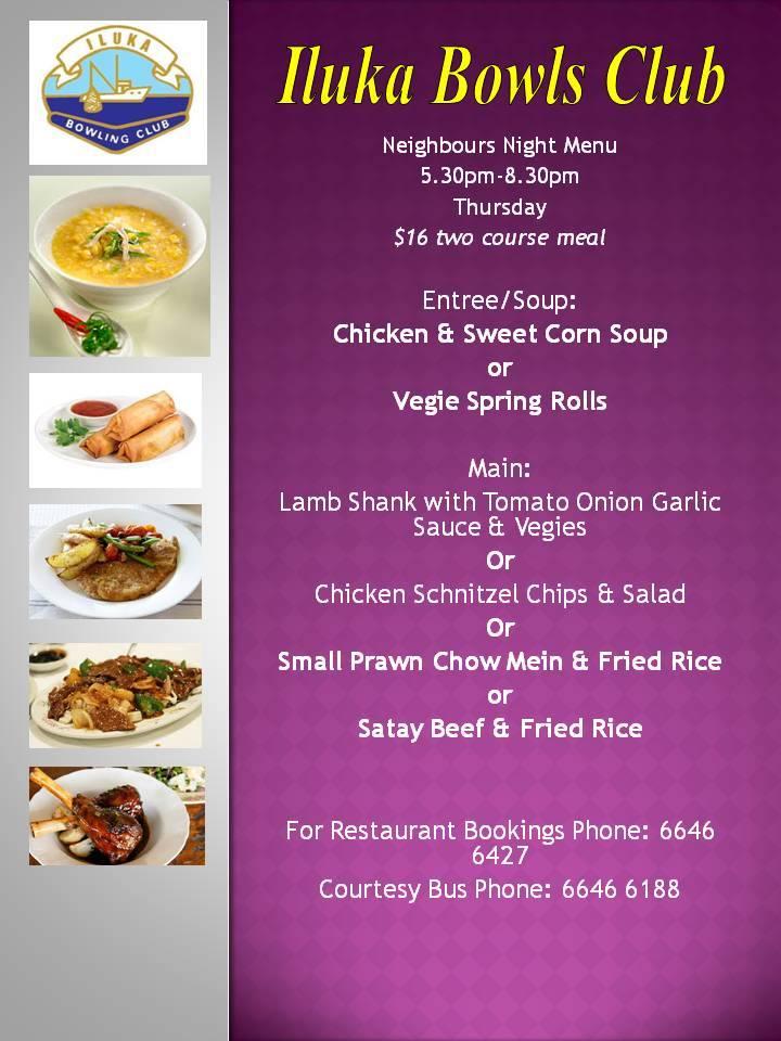 Menu at Club Iluka, Iluka