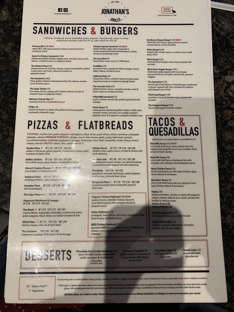 Menu at Jonathan's Grille pub & bar, Madison