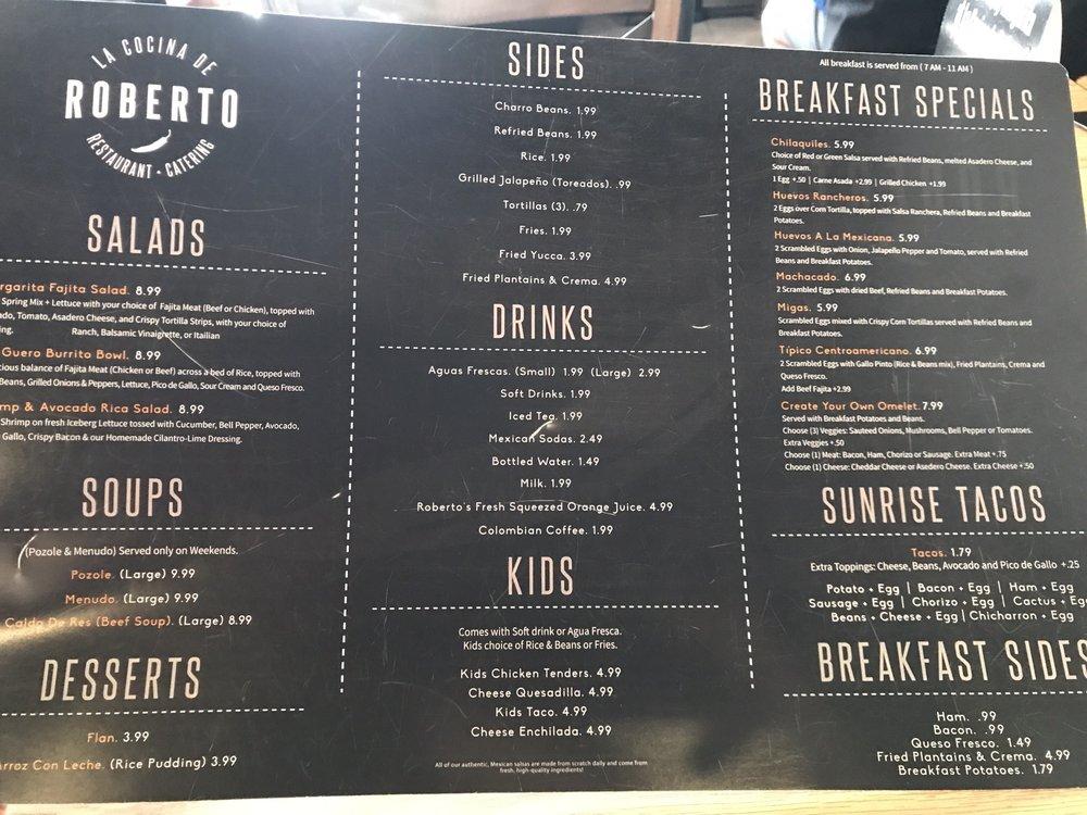 Menu at La Cocina de Roberto - Sawdust restaurant, The Woodlands ...