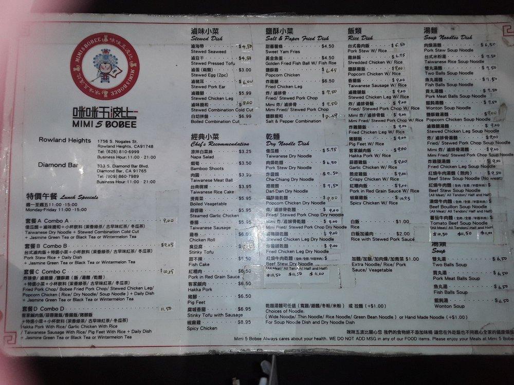 Menu at Mimi 5 Bobee restaurant, Diamond Bar