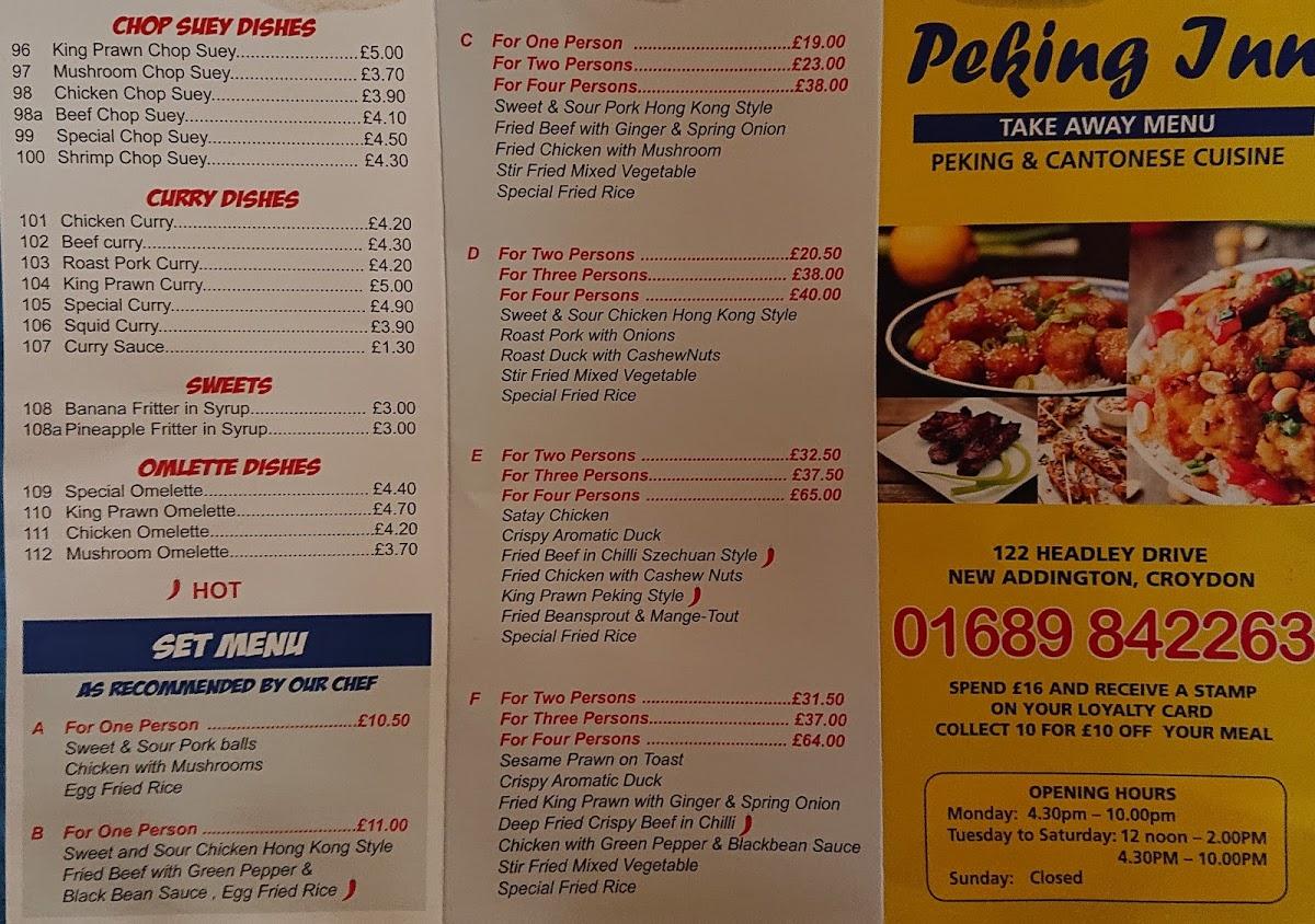 Menu at Peking Inn fast food, Croydon, 122 Headley Dr