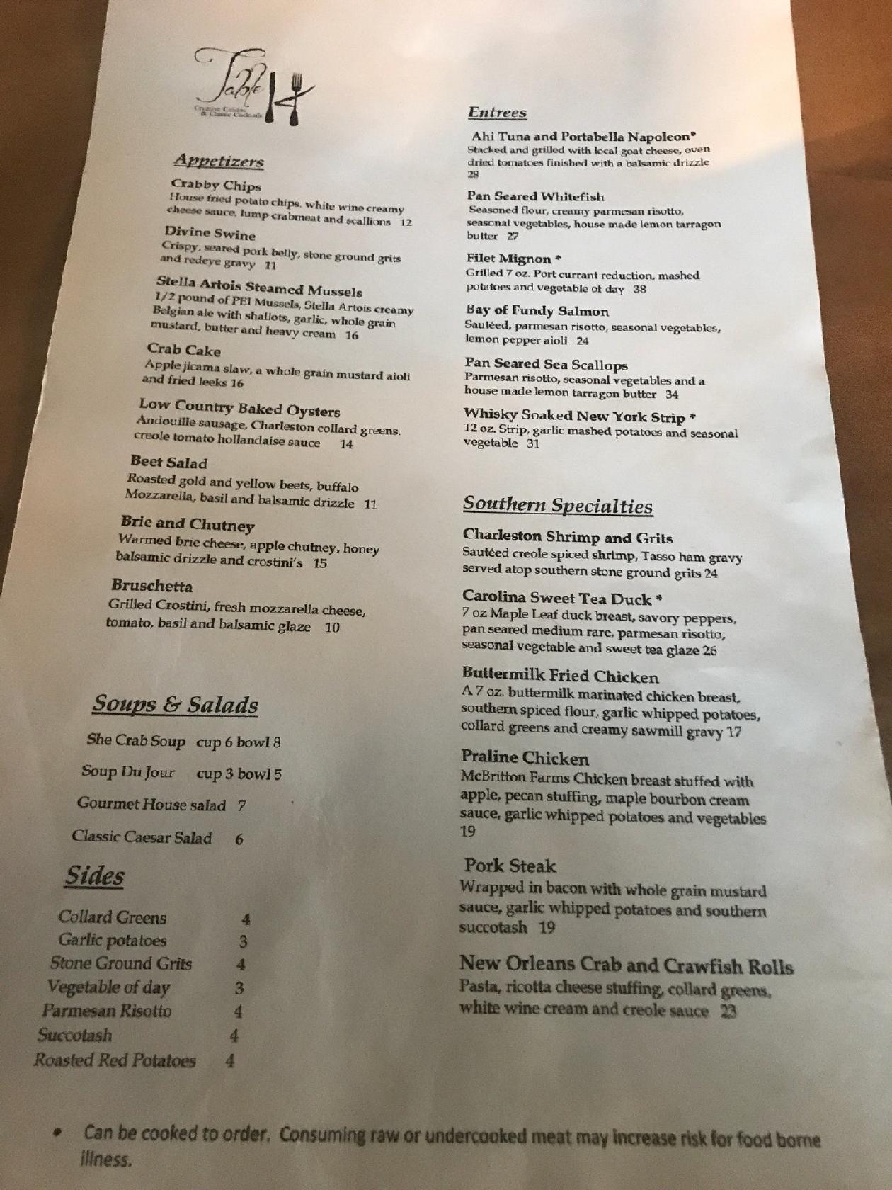 Menu at Table 14 restaurant, Ludington