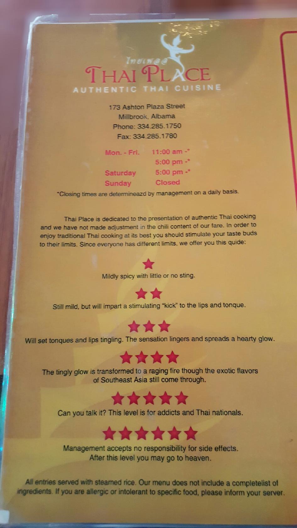 Menu at Thai Place restaurant, Millbrook, 173 Ashton Plaza St
