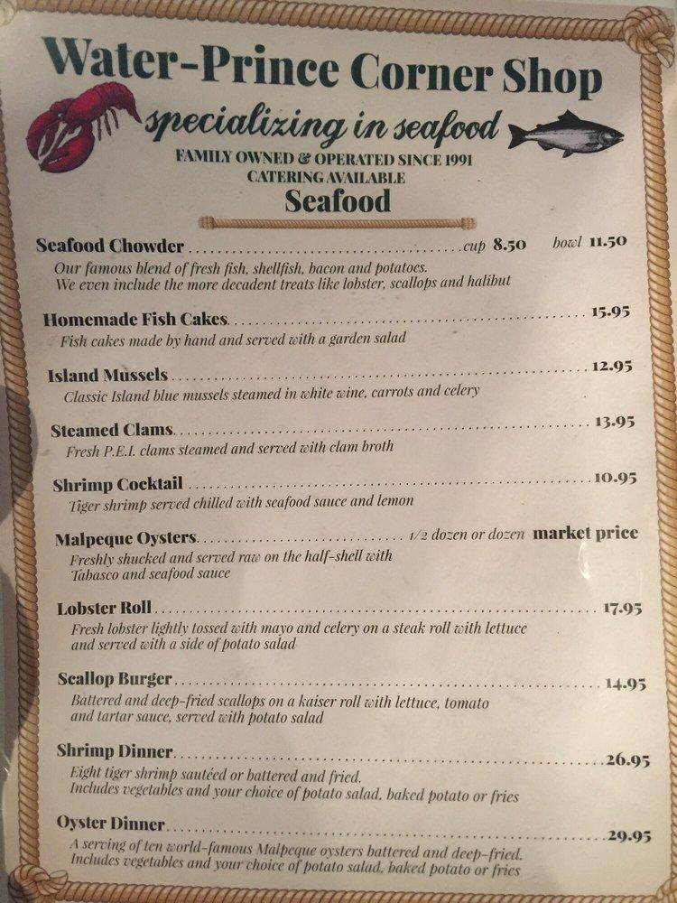 Menu at Water Prince Corner Shop restaurant, Charlottetown