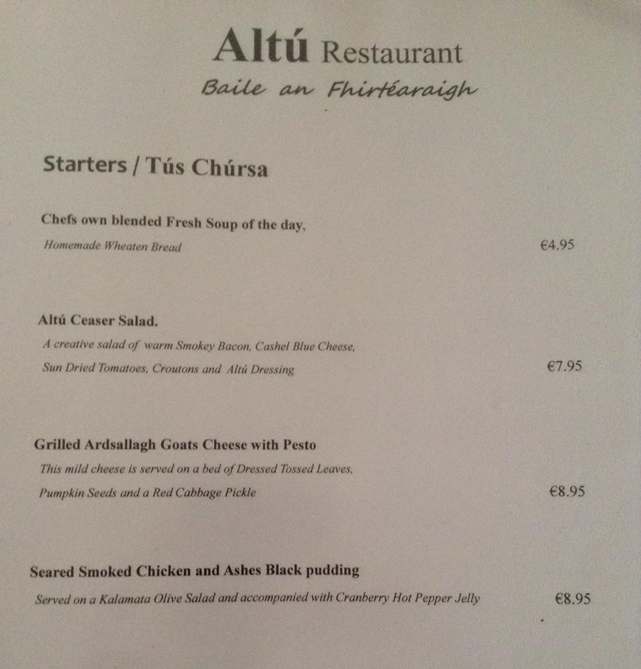 Menu at Altú Restaurant Baile an Fheirtéaraigh, Ireland