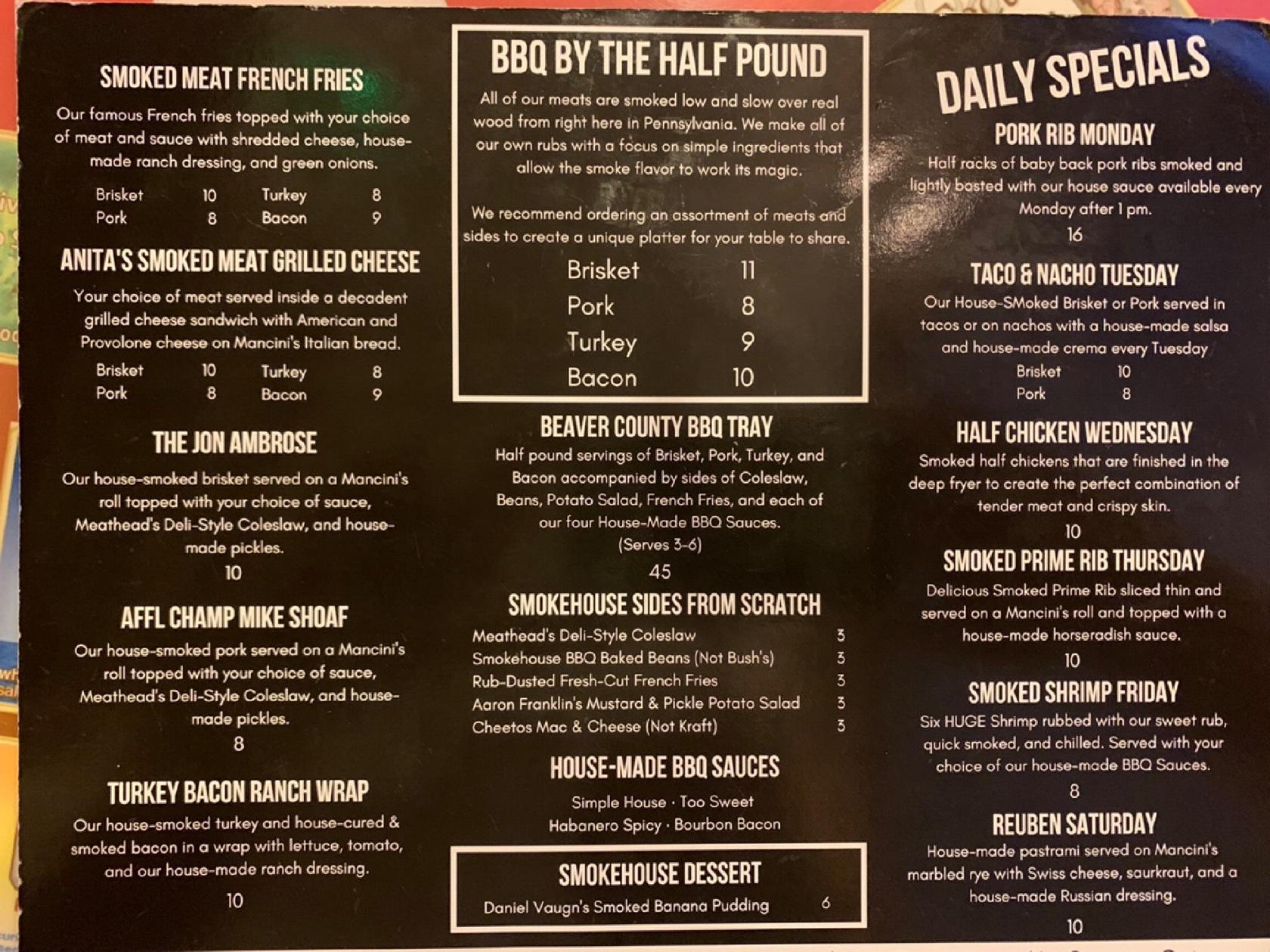 Menu at Bowser's restaurant, Monaca