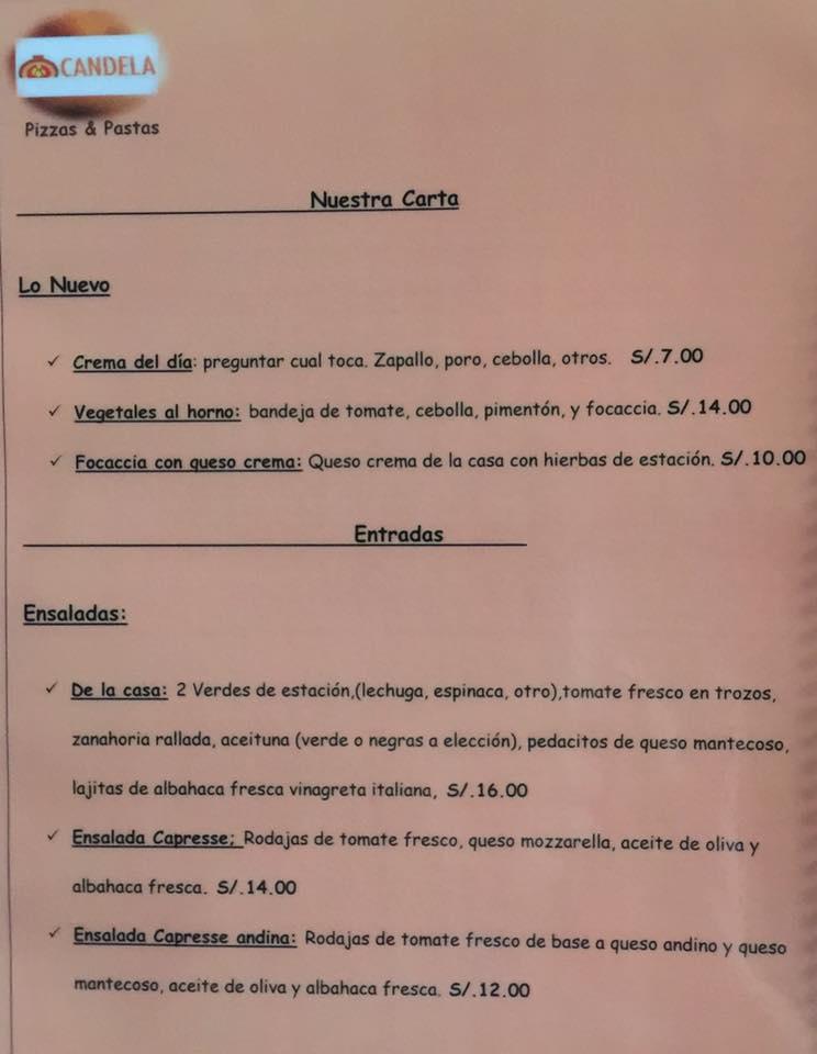 Menu at Candela restaurant, Chachapoyas